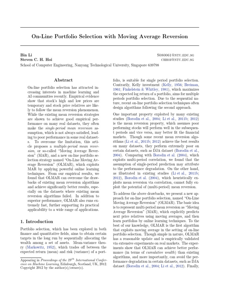 On-Line Portfolio Selection With Moving Average Reversion | PDF ...