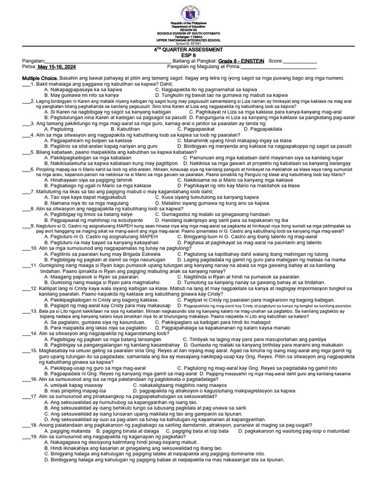 Esp8 - 4th Quarter Assessment | PDF