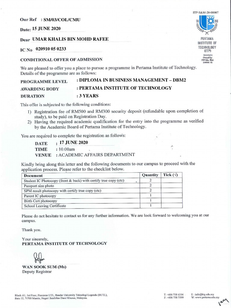 CONDITIONAL OFFER LETTER FOR ITP | PDF CONDITIONAL OFFER LETTER FOR ITP | PDF