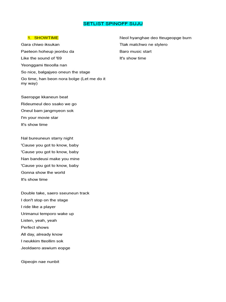 Setlist Suju Spinoff | PDF | Language Arts & Discipline | Self-Improvement