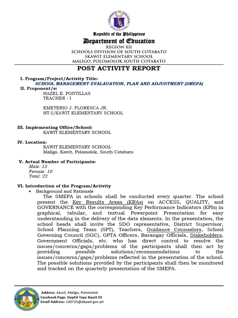 KAWIT ES - Post-Activity-Report (SMEPA) | PDF
