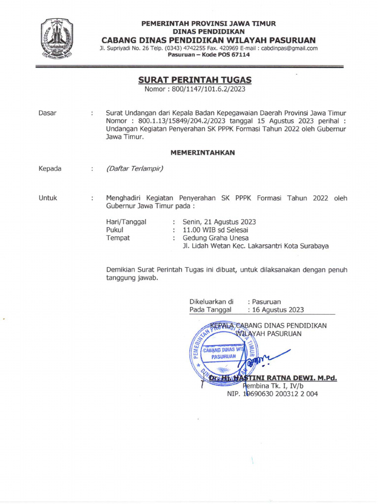 SPT Ke Graha Unesa PPPK Formasi Tahun 2022 - Cabdin Pasuruan | PDF