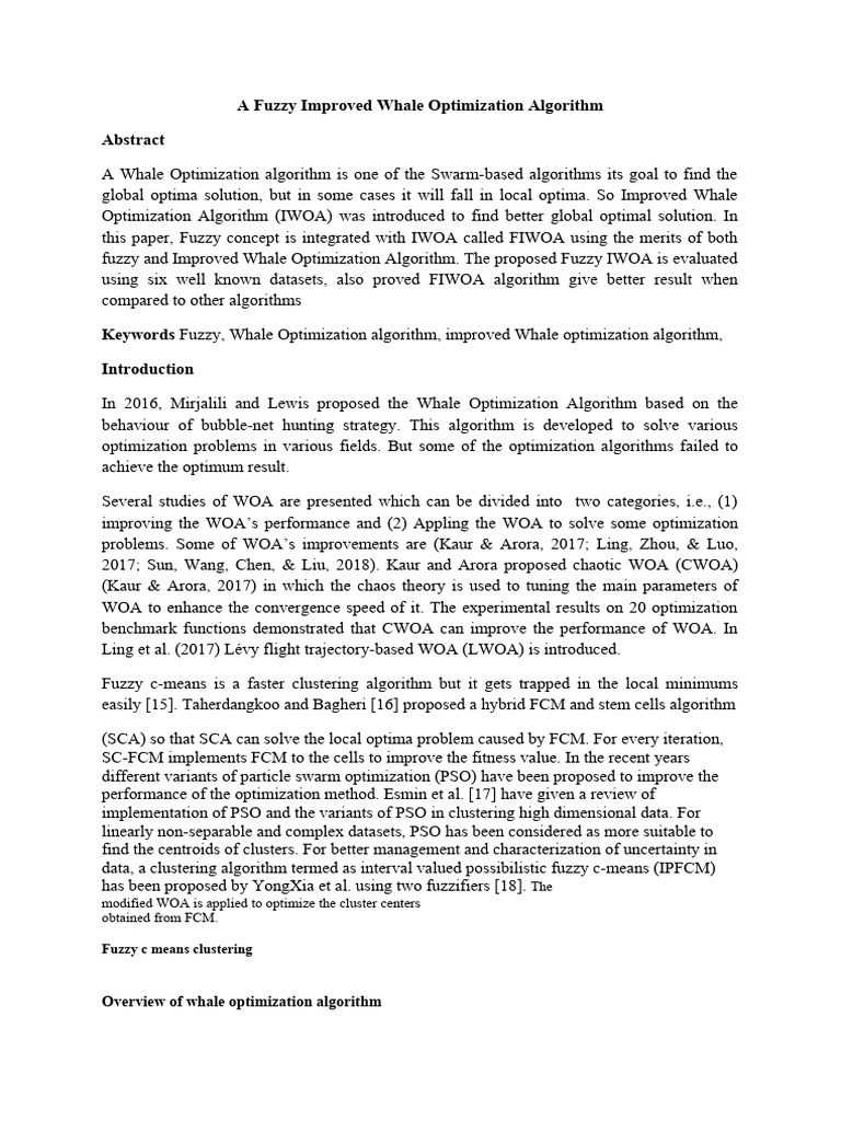 A Fuzzy Improved Whale Optimization | PDF | Mathematical Optimization | Cluster Analysis