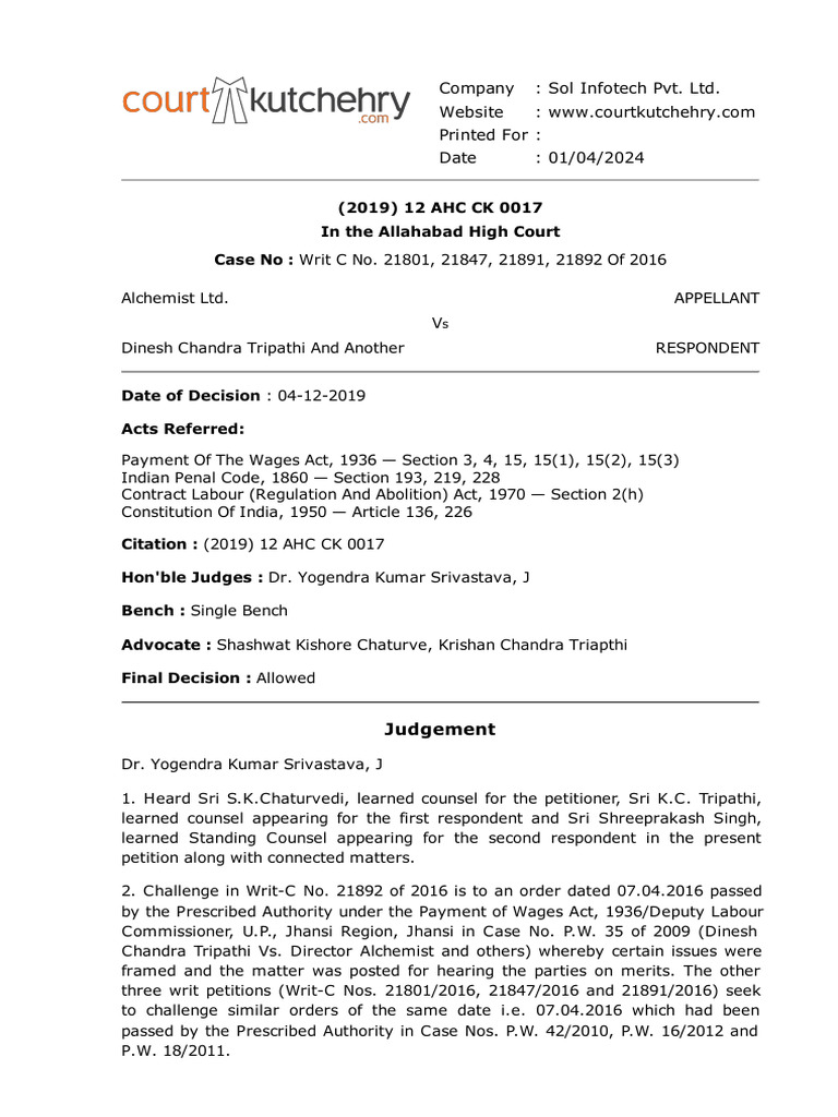 Alchemist Ltd. vs. Dinesh Chandra Tripathi and Another | PDF ...