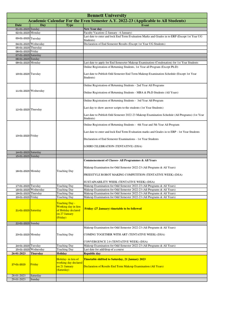 Academic Calender Even Semester 2022 23 For All Students F | PDF ...