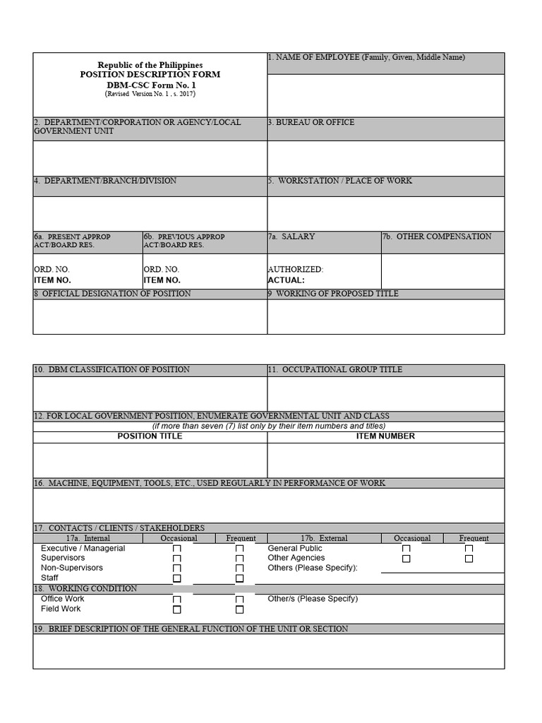 Position Description Form DBM CSC Form No. 1 Revised 2017 | PDF | Business