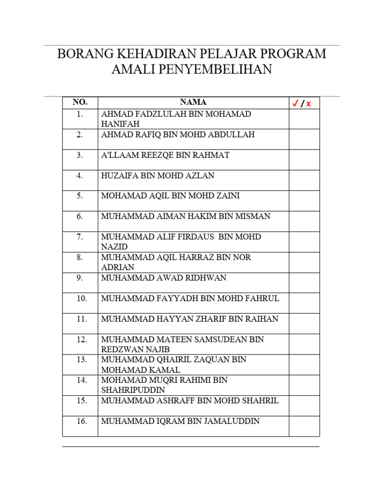 BORANG KEHADIRAN PELAJAR PROGRAM AMALI PENYEMBELIHAN | PDF
