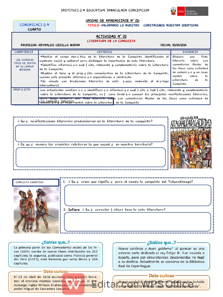 Actividad 2 Cuarto Segunda Unidad | PDF | Imperio Inca | Perú
