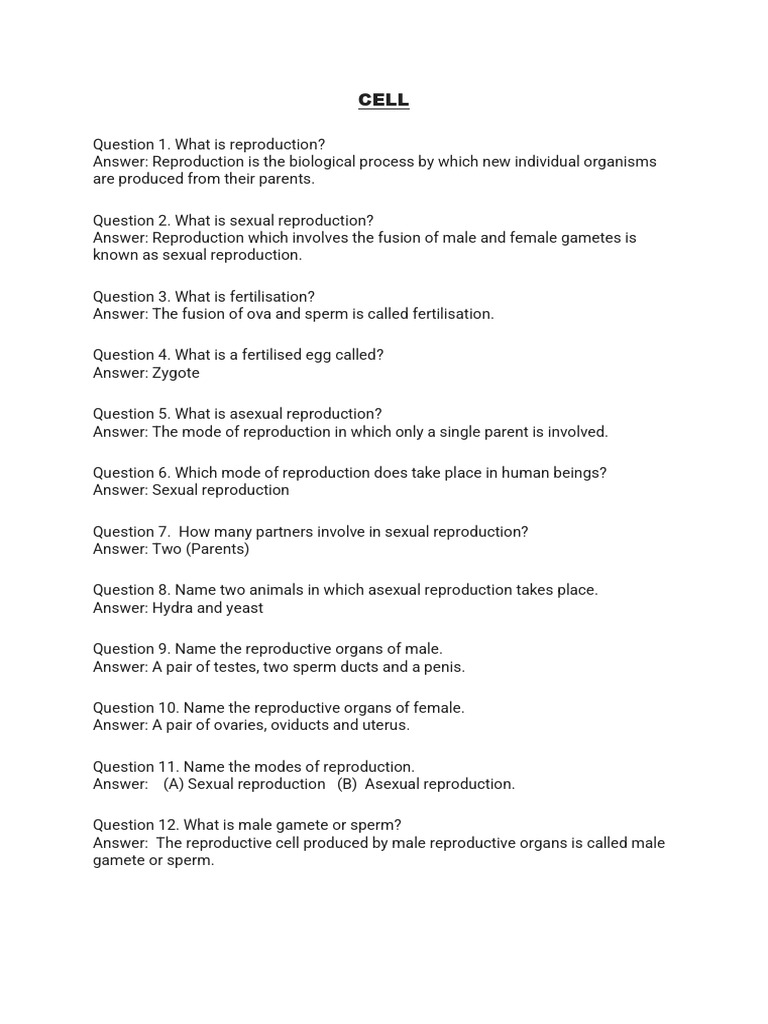 Cell - Practice Based Questions | PDF | Fertilisation | Sexual Reproduction