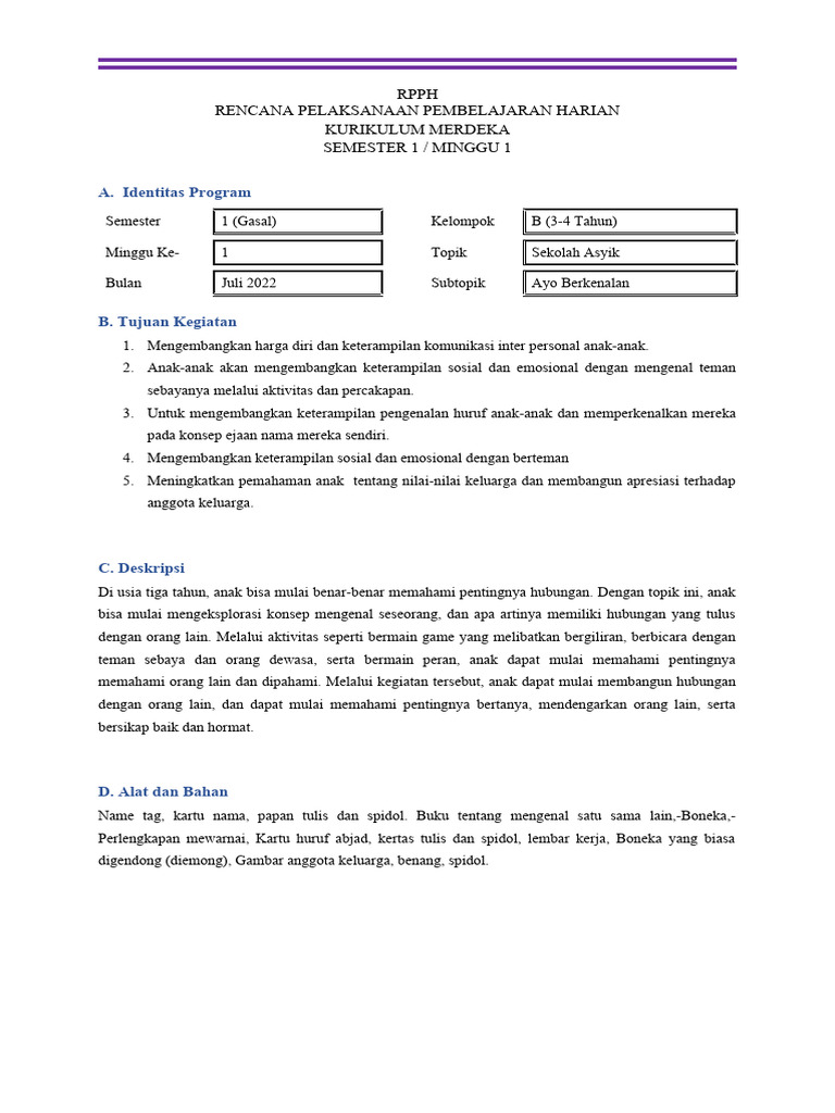 RPPH Kumer KB Paud Minggu 1 | PDF | Kesehatan Holistik
