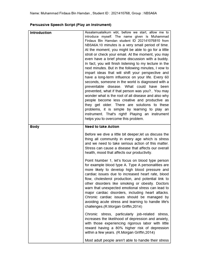Persuasive Speech Script | PDF | Stress (Biology) | Mental Health