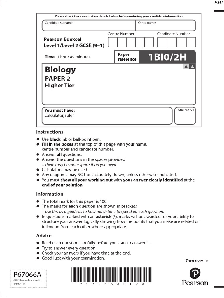 GCSE Biology Paper 2 Exam Instructions | PDF | Urine | Biology