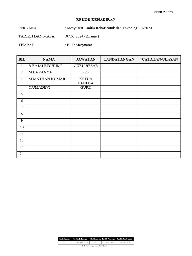 Pk07 2 Rekod Kehadiran Bt Pdf