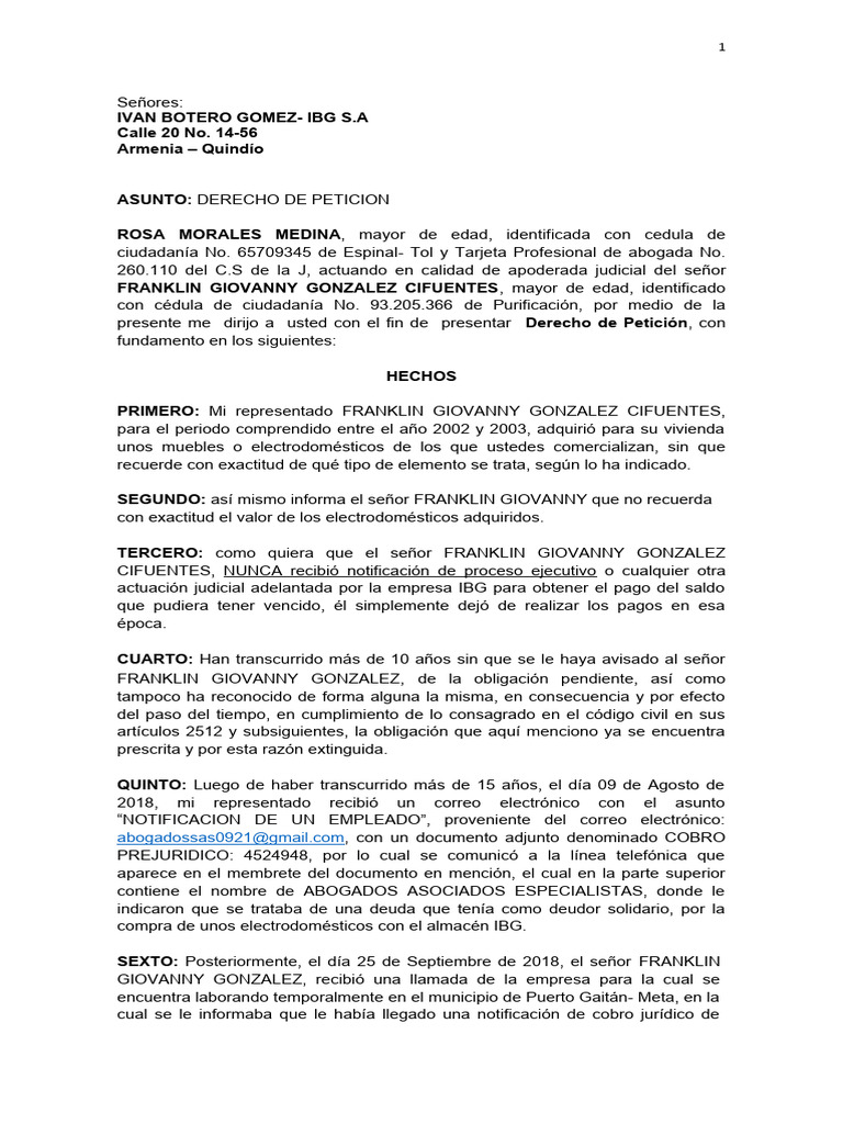 DERECHO DE PETICION X MEDIO DE APODERADO- FRANKLIN | PDF | Petición ...