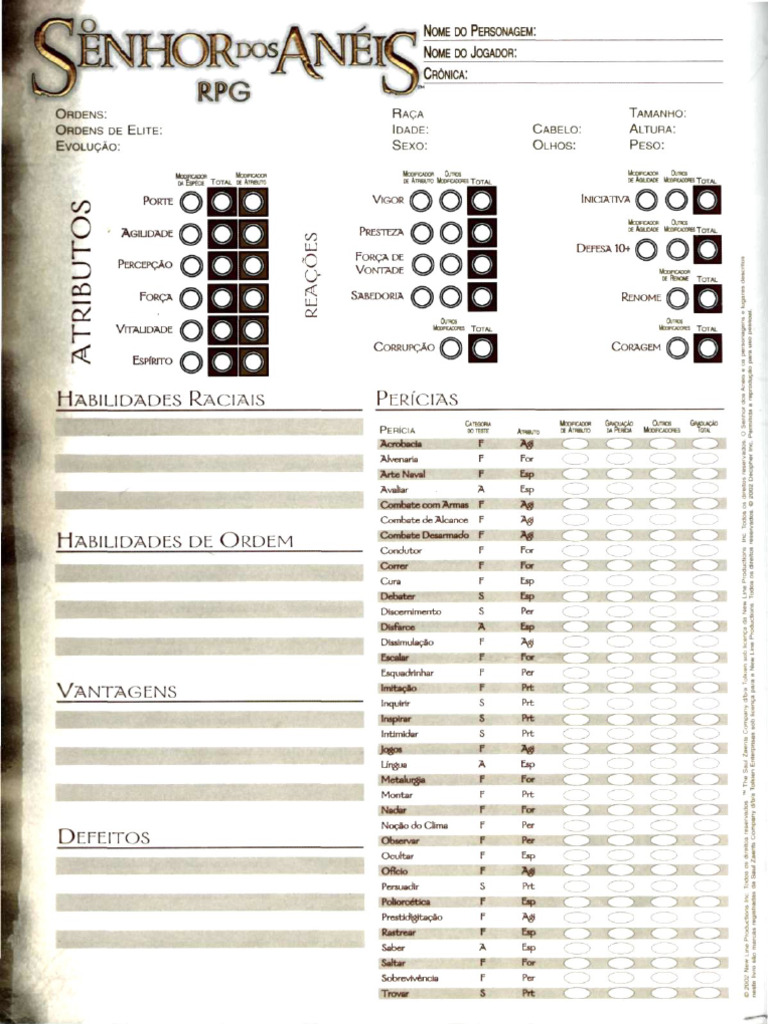 O Senhor Dos Aneis RPG Ficha de Personagem Biblioteca Elfica | PDF