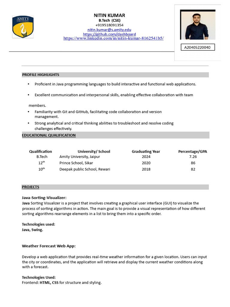 Nitin Kumar B Tech Cse 2024 Aur Pdf Java Programming Language World Wide Web