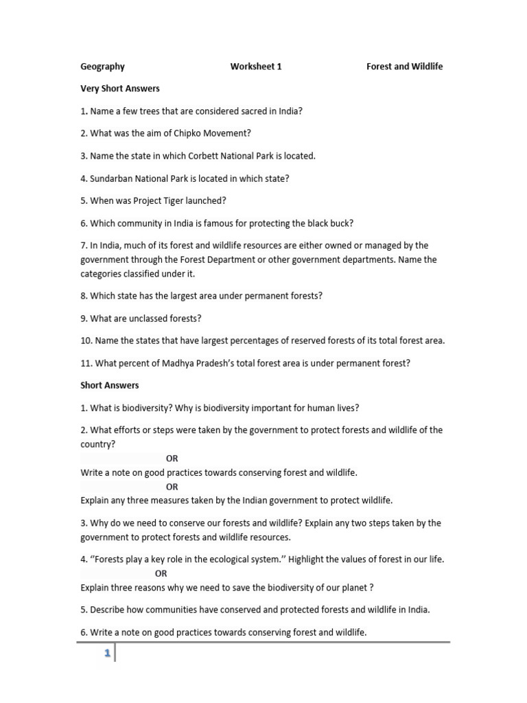 Forest and Wildlife Worksheet 1 | PDF | Forests | Conservation Biology