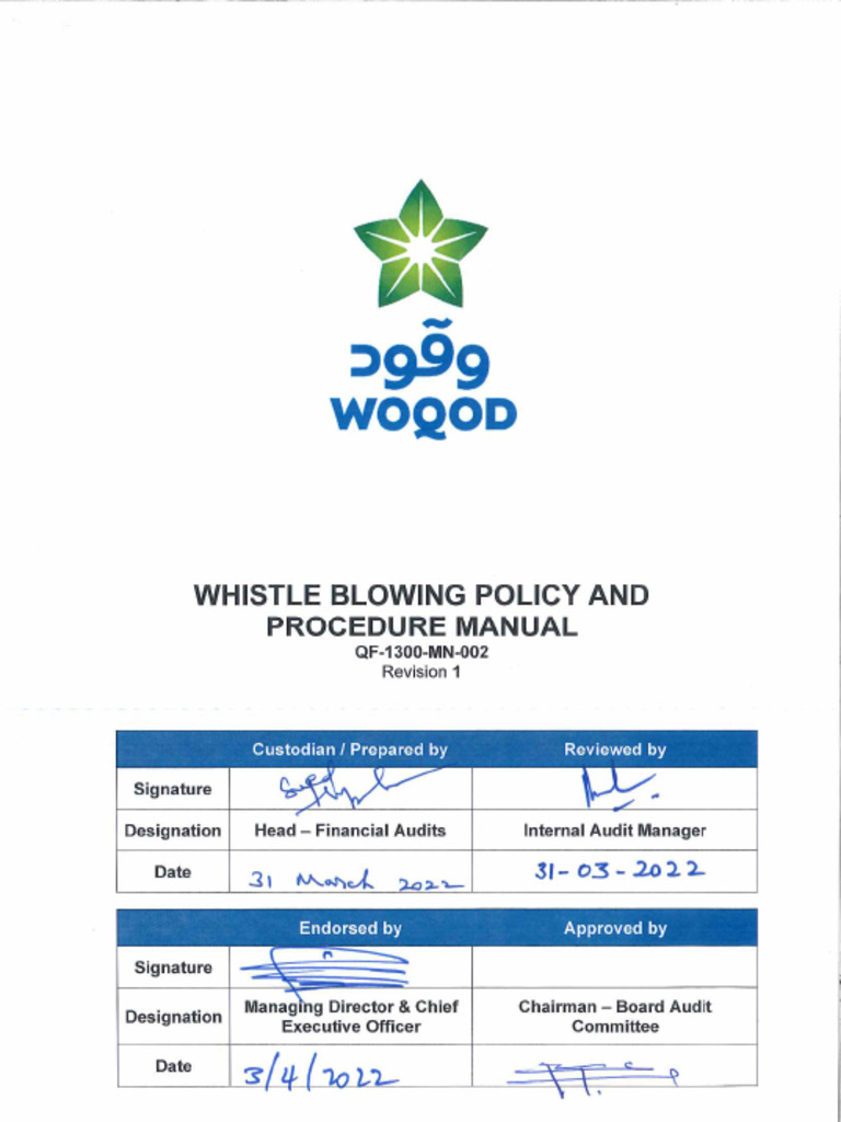 QF-1300-MN-002 Rev. 01 Whistle Blowing Policy and Procedure Manual ...