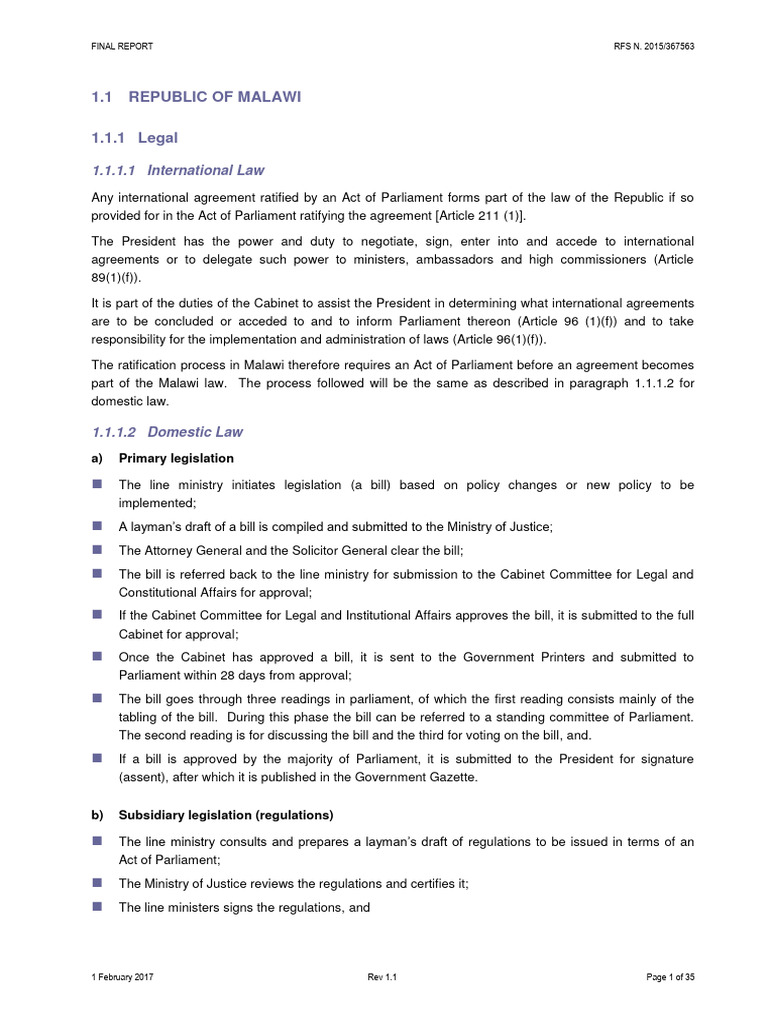 Malawi Final Report 1feb17 | PDF | Bill (Law) | Ratification