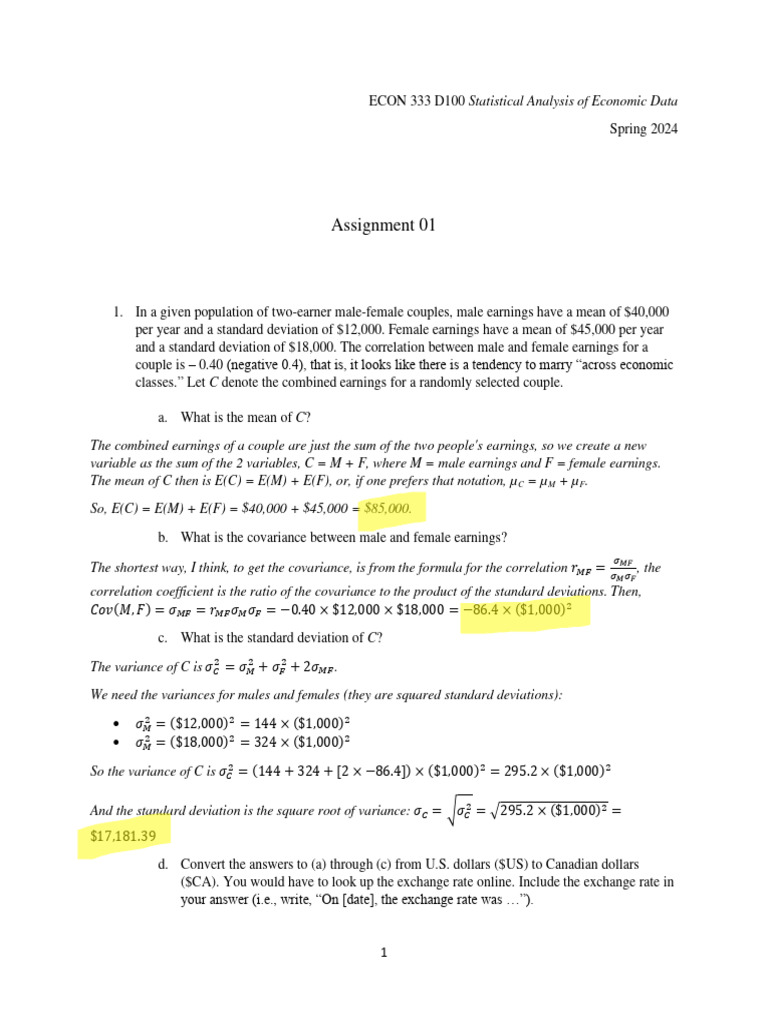 Assignment 01 AK | PDF | Standard Deviation | Covariance