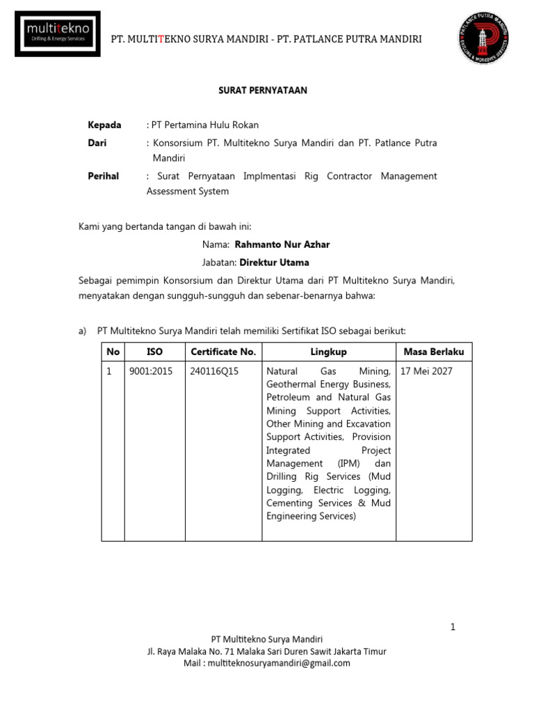 00aa Surat - Pernyataan Implementasi Management System (AutoRecovered) | PDF