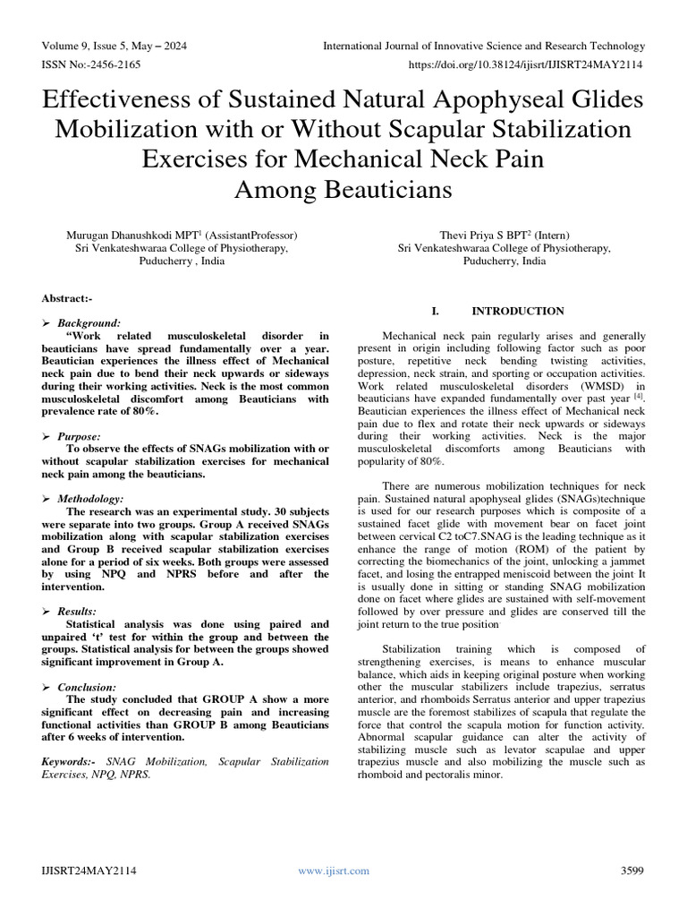 Effectiveness Of Sustained Natural Apophyseal Glides Mobilization With Or Without Scapular