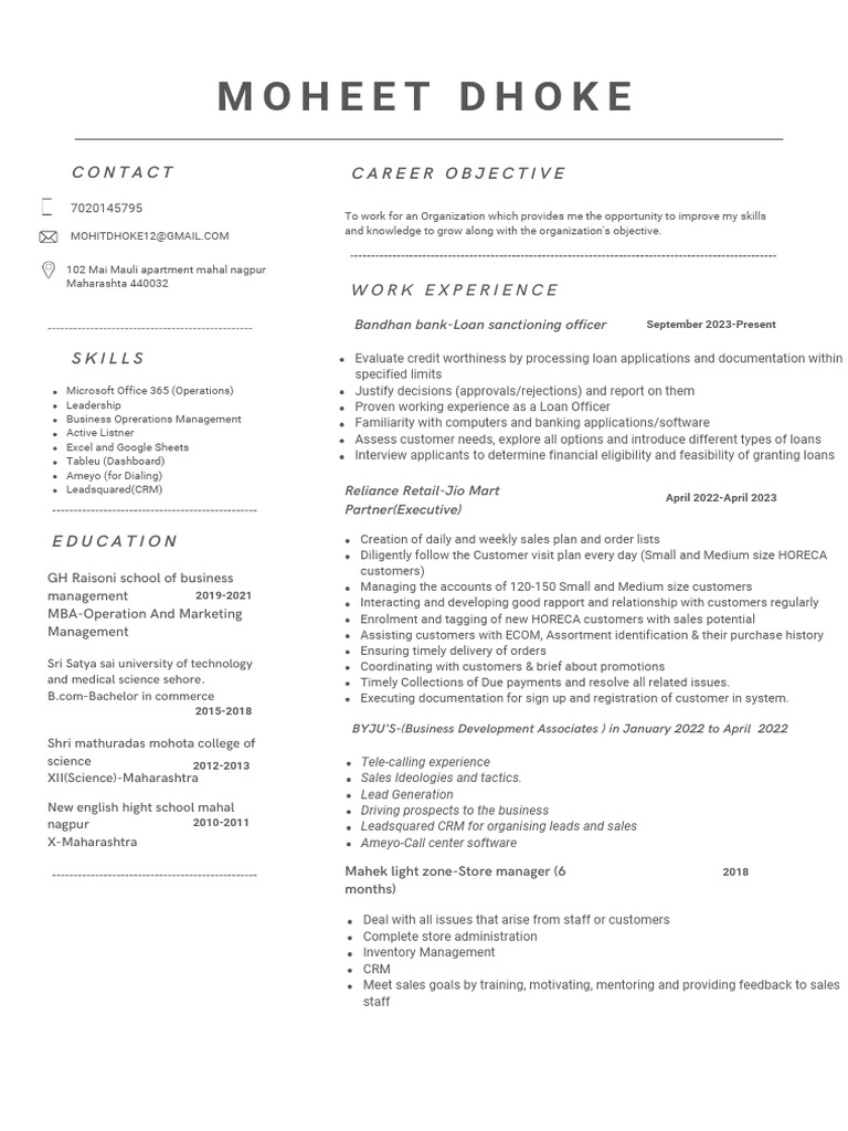 Moheet Dhoke: Contact Career Objective | PDF | Sales | Customer ...