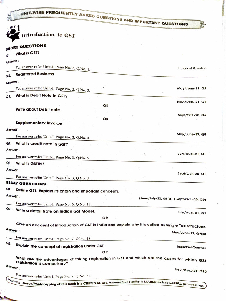 Unit Wise Imp Question 2024 GST.. | PDF | Receipt | Taxation