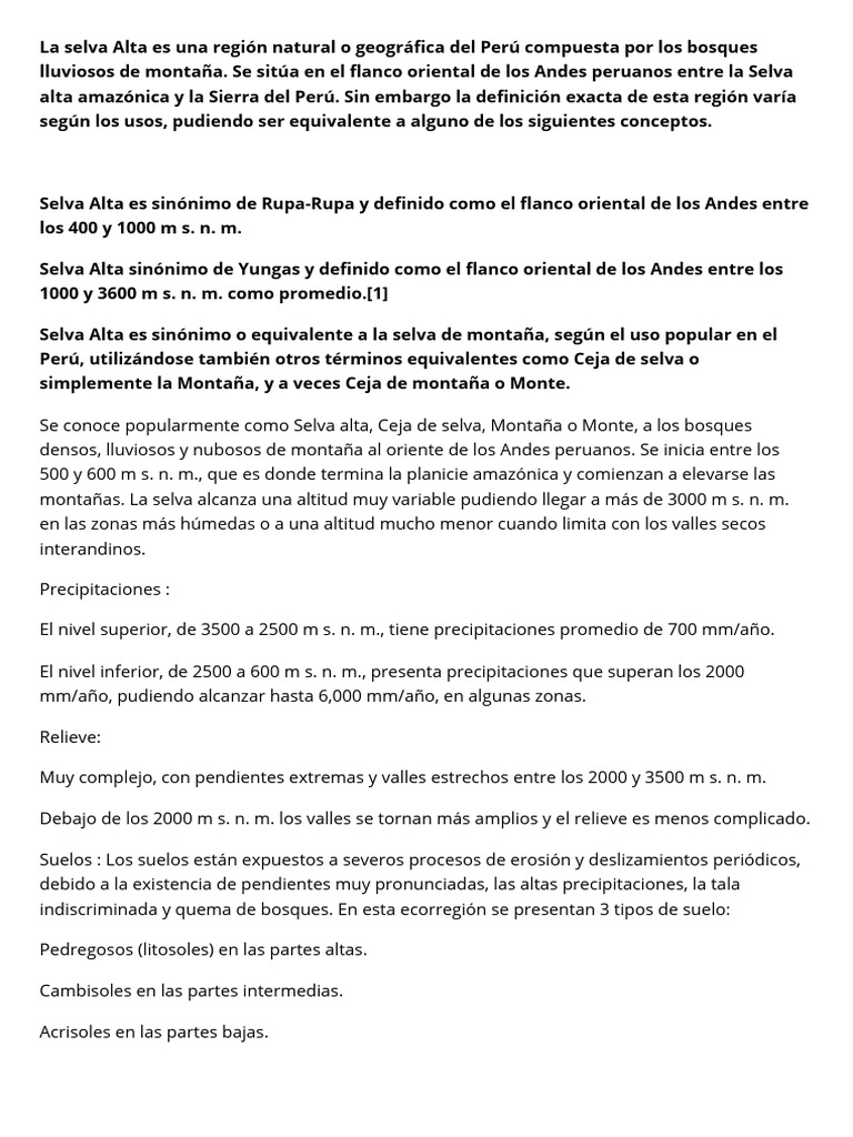 La Selva Alta Es Una Región Natural o Geográfica Del Perú Compuesta Por ...