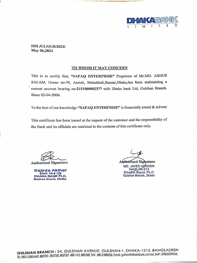 Bank Solvency Formate | PDF