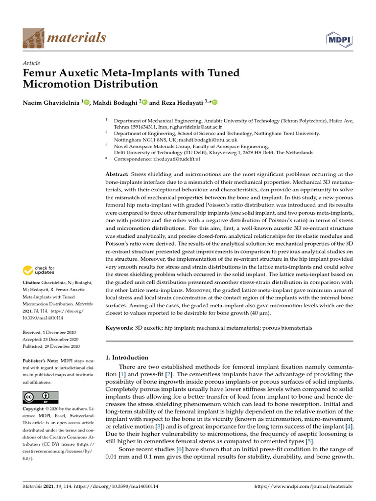 Femur Auxetic Meta-Implants With Tuned Micromotion Distribution | PDF ...