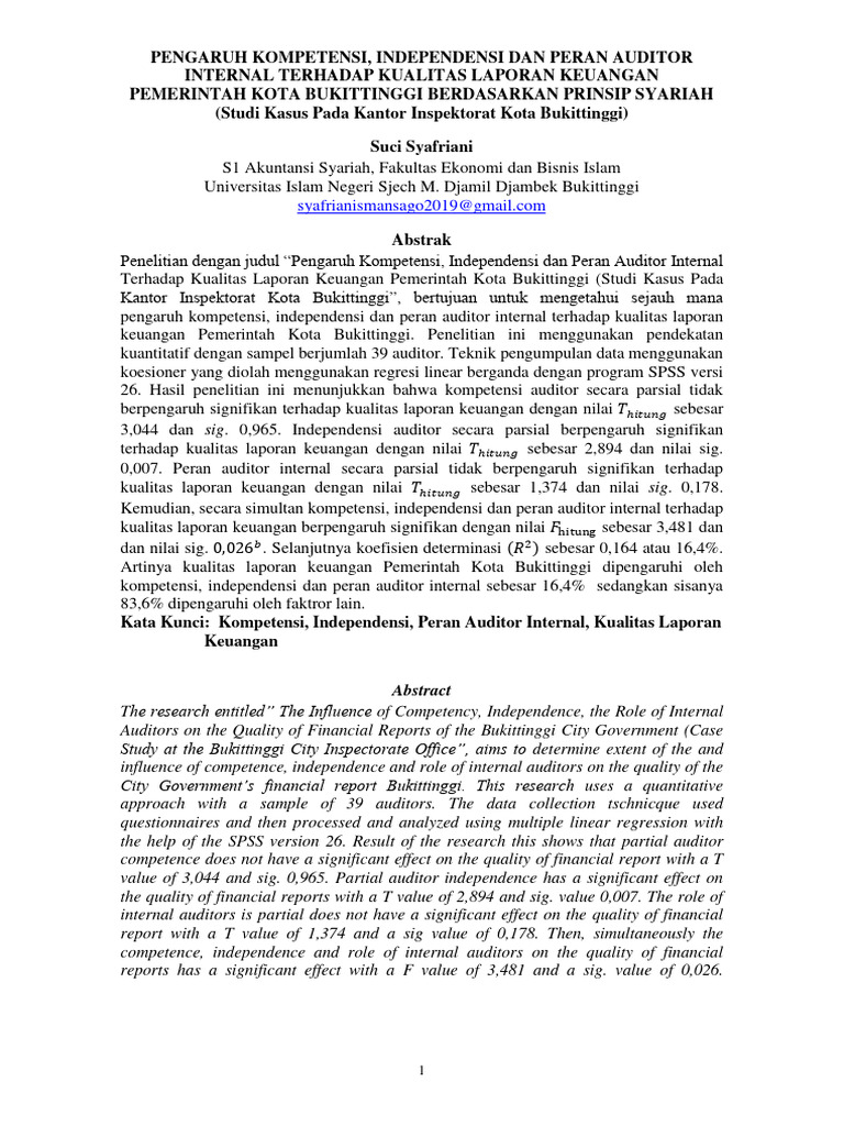 Pengaruh Kompetensi, Independensi Dan Peran Auditor Internal Terhadap Kualitas Laporan Keuangan ...