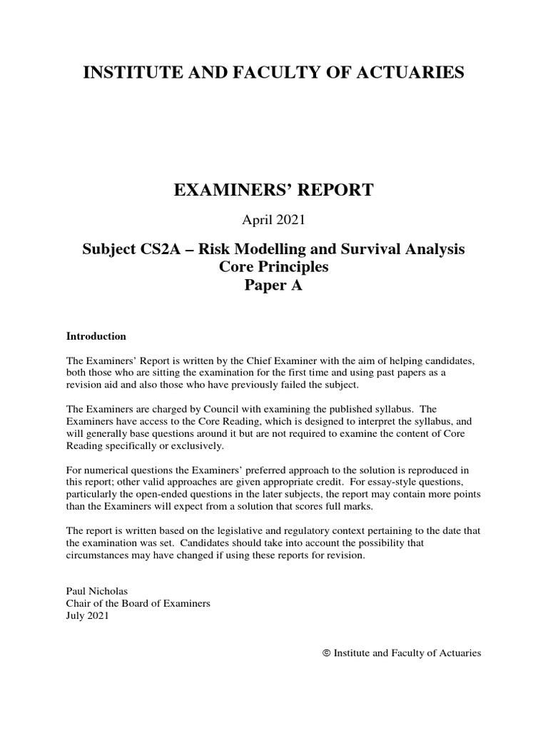 IandF CS2 Paper A 202104 Examiners Report | PDF | Regression Analysis ...