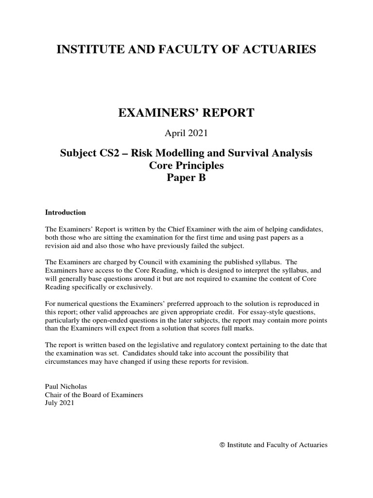 IandF CS2 Paper B 202104 Examiners Report | PDF | Actuary | Matrix ...