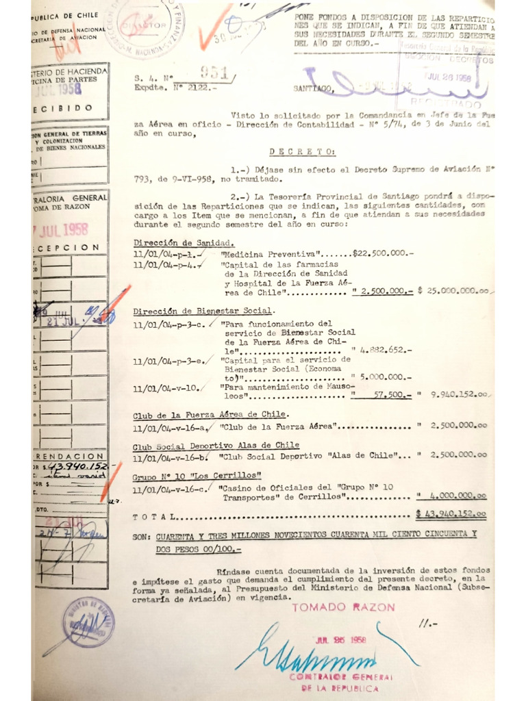 1958.07.09 - DS N°951 - Reasigna Presupuesto | PDF