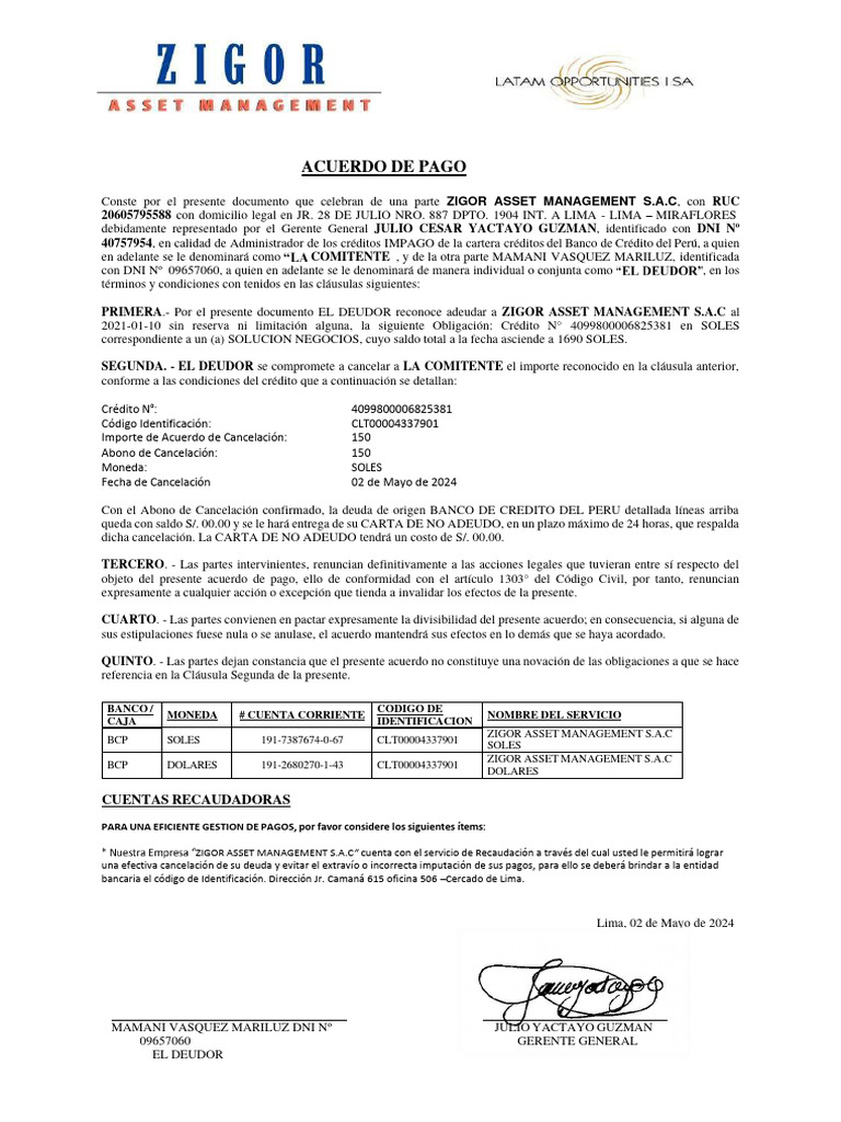 Mariluz Mamani-Acuerdo de Pago | PDF | Crédito | Finanzas y dinero