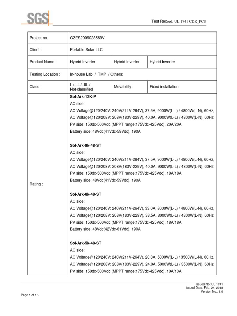 GZES2009028569V Test-Data-Sheet PCS | PDF | Direct Current | Electrical ...