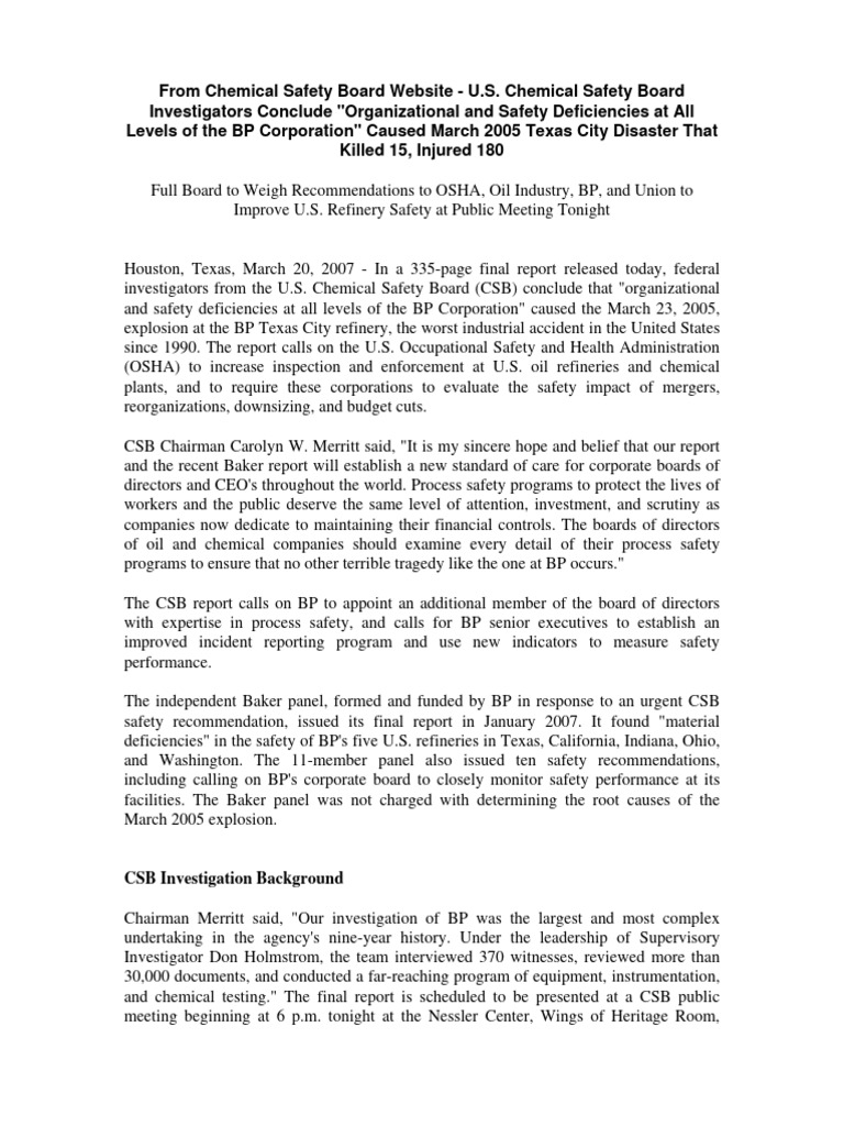 Short Summary - BP Texas City CSB Report | PDF | Occupational Safety ...