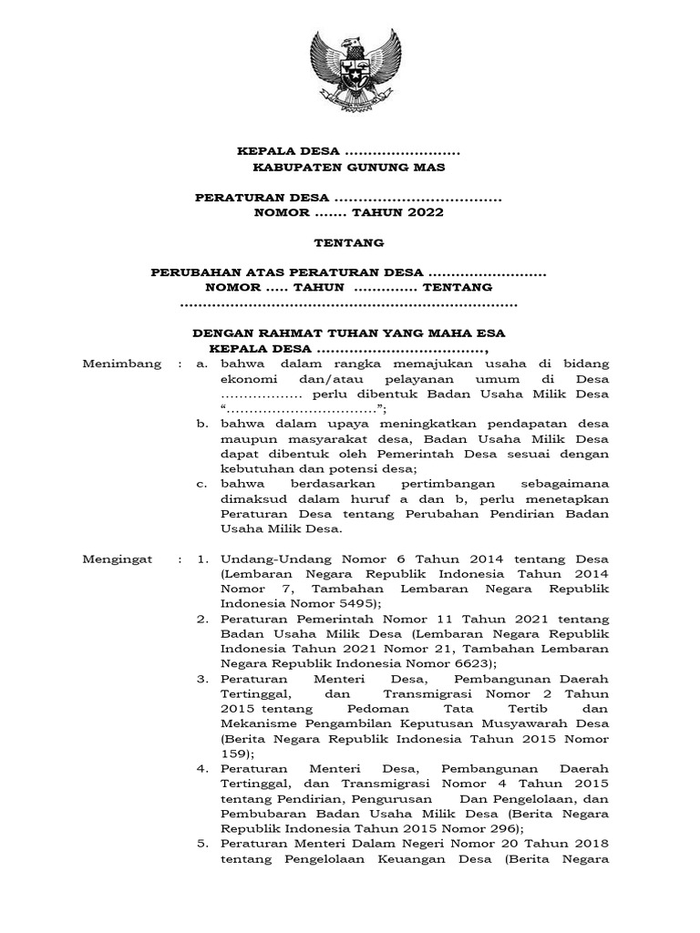 Format Perdes Pendirian Bum Desa | PDF | Hukum