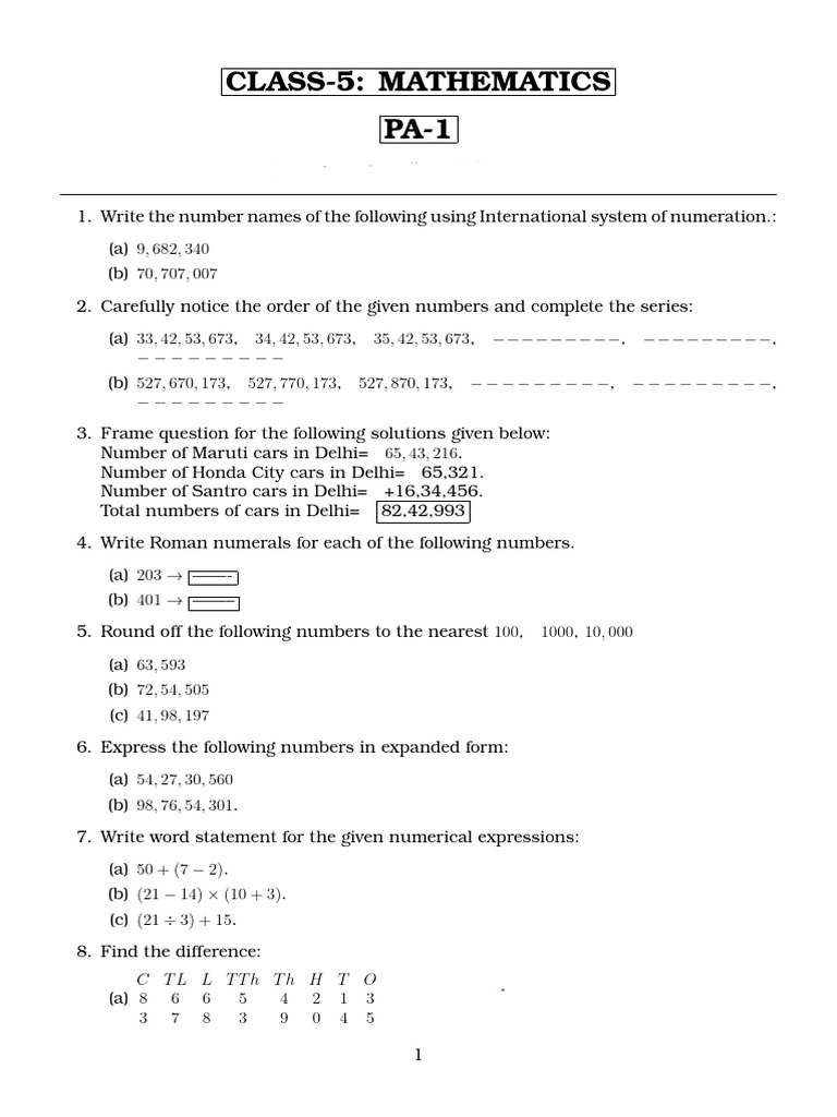 Class-5-Maths-PA 1-Test | PDF | Arithmetic | Mathematics