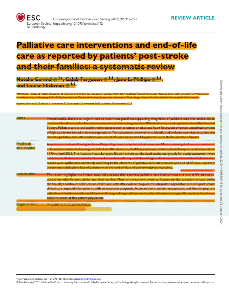 Palliative Care Interventions and End-Of-Life Care As Reported by Patients' Post-Stroke and ...