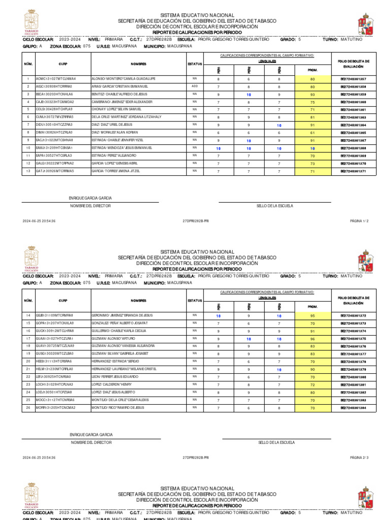 Reporte de Calificaciones Lenguajes 2023 Pri 27DPR0282B 5 NN | PDF