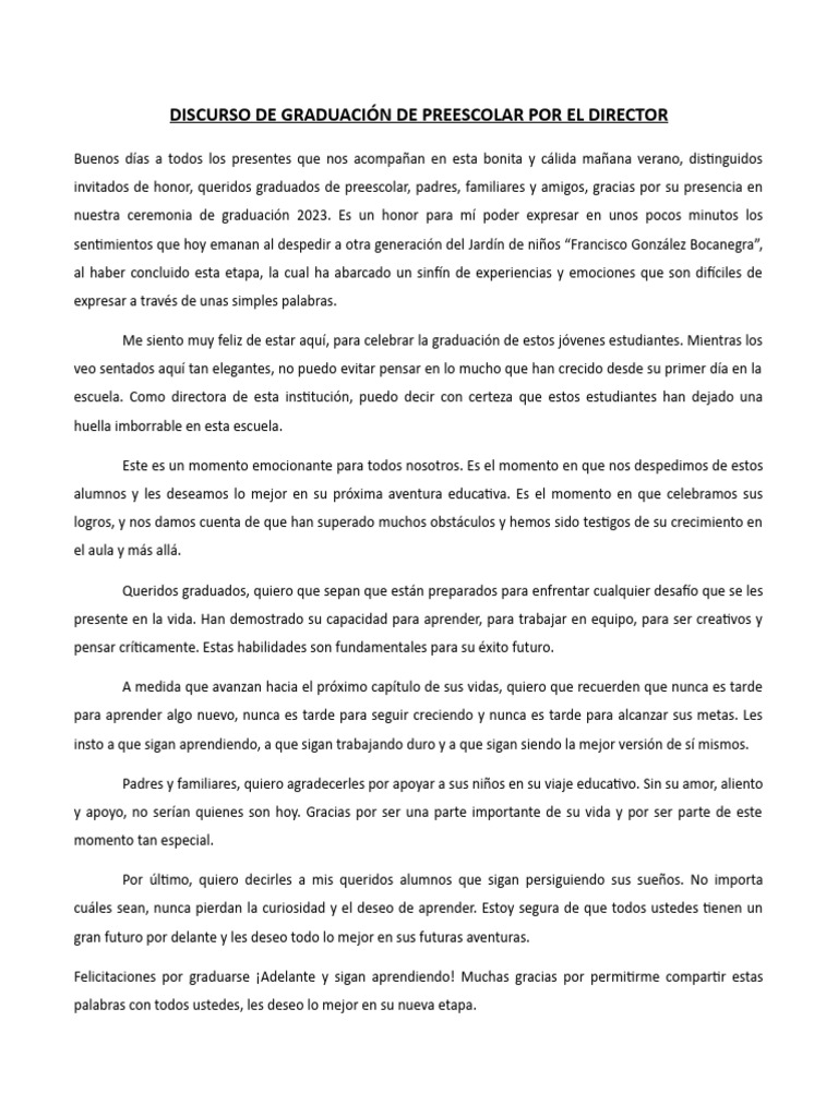 Discurso de Graduación de Preescolar Por El Director | PDF | Educación de la primera infancia
