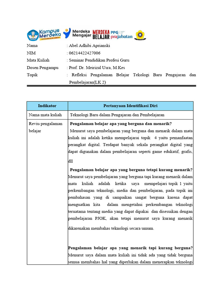 Jurnal Refleksi TBPP (Seminar PPG) Abel Adhibi Aprianski | PDF