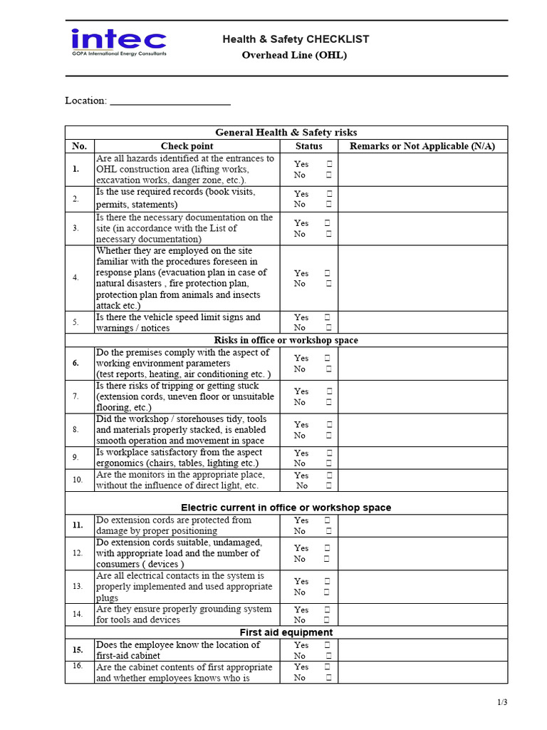 List No.4 - HEALTH AND SAFETY CHECKLIST - OHL - Energy Efficiensy | PDF ...