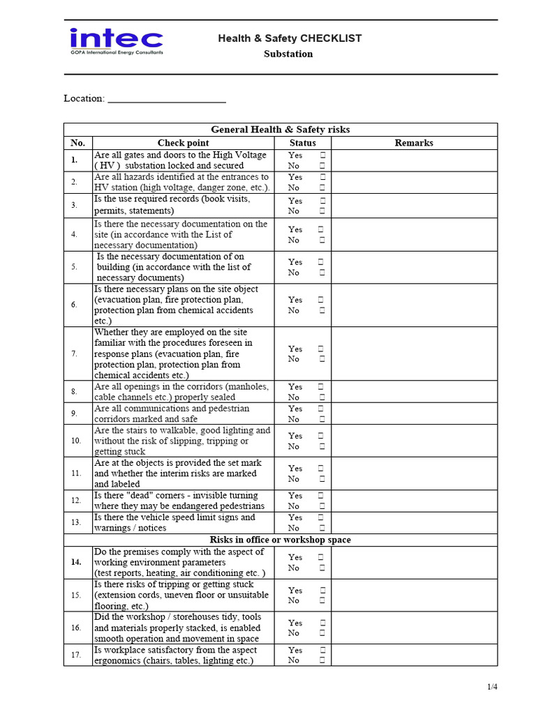 List No.2 - HEALTH and SAFETY CHECKLIST - Substation - Energy ...