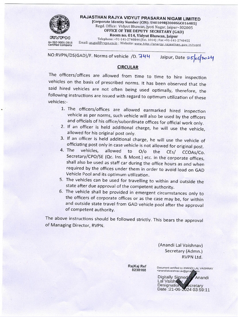 Circular Regarding Optimum Utilisation of Hired Vehicles - 0001 | PDF