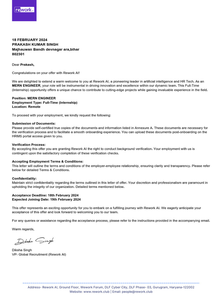 Offer Letter Prakash Mern | PDF | Employment | Artificial Intelligence
