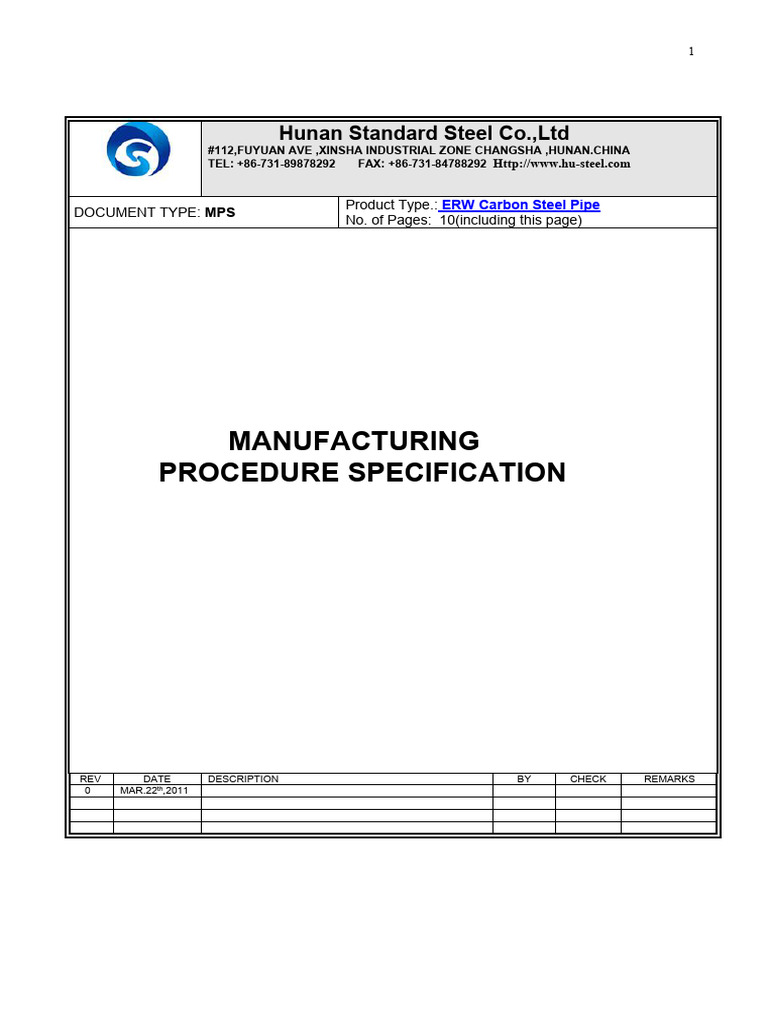 Manufacturing Procedure Specification: Hunan Standard Steel Co.,Ltd | PDF | Pipe (Fluid ...