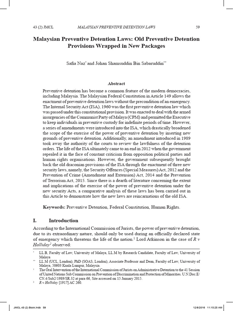 Malaysian Preventive Detention Laws: Old Preventive Detention ...